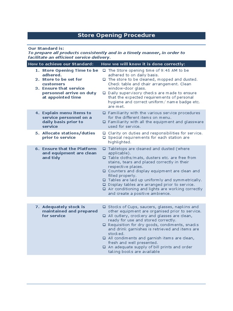 Store Opening Procedure | PDF | Drink | Receipt