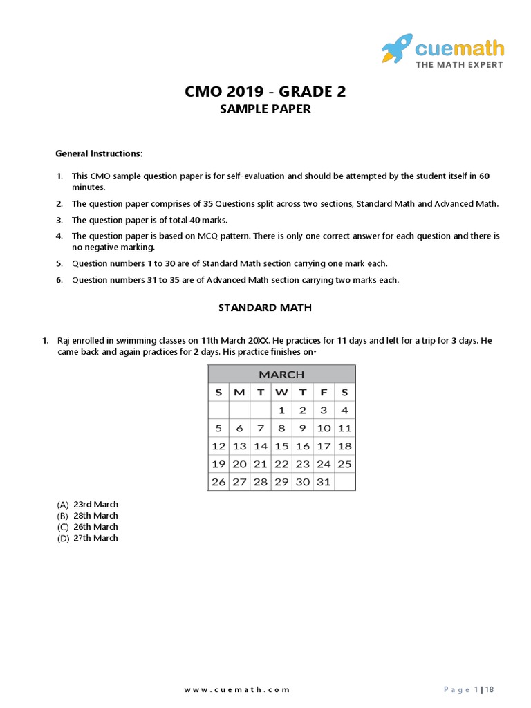 Cmo Grade 2 Sample Paper | Teaching Mathematics | Nature