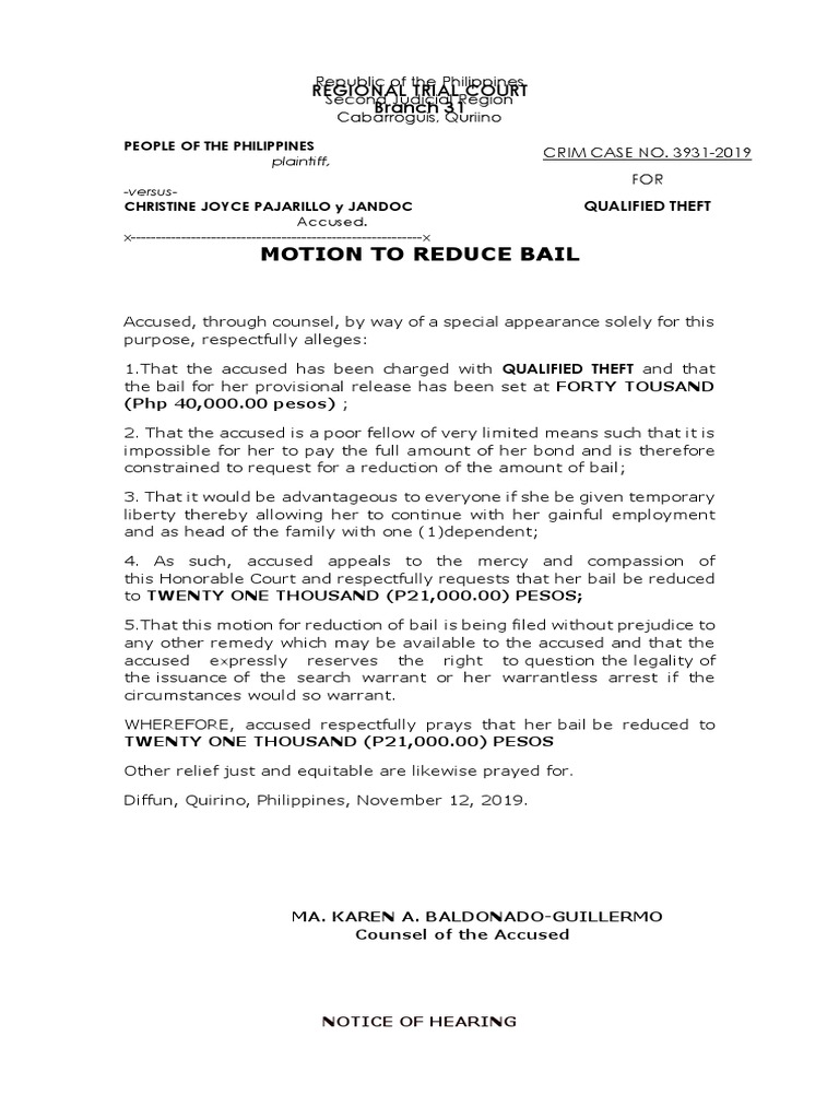 Motion To Reduce Bail | PDF | Bail | Search Warrant