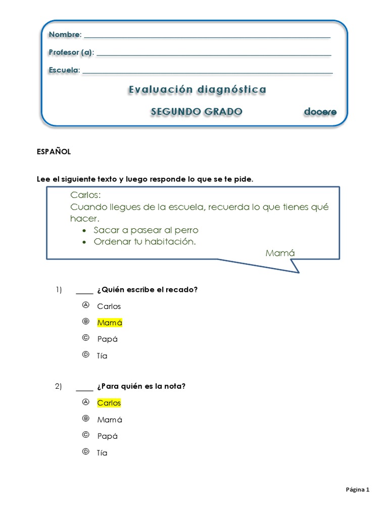 Examen Diagnóstico 2o Grado Final Respuestas | PDF | Alimentos | Naturaleza