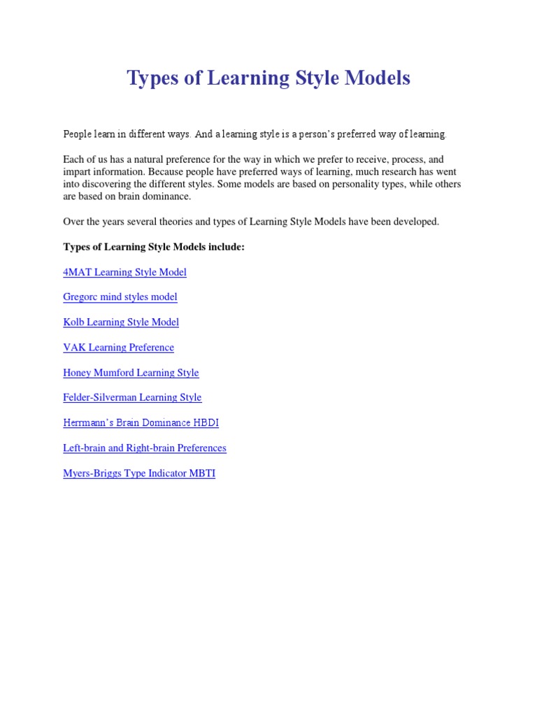 Types of Learning Style Models Explained | PDF | Learning Styles ...