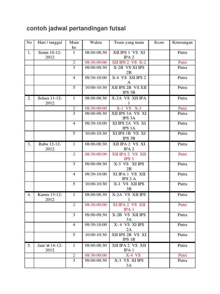 Contoh Jadwal Pertandingan Futsal SMP | PDF