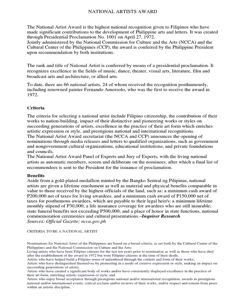 Criteria to be a National Artist of the Philippines | PDF | Philippines