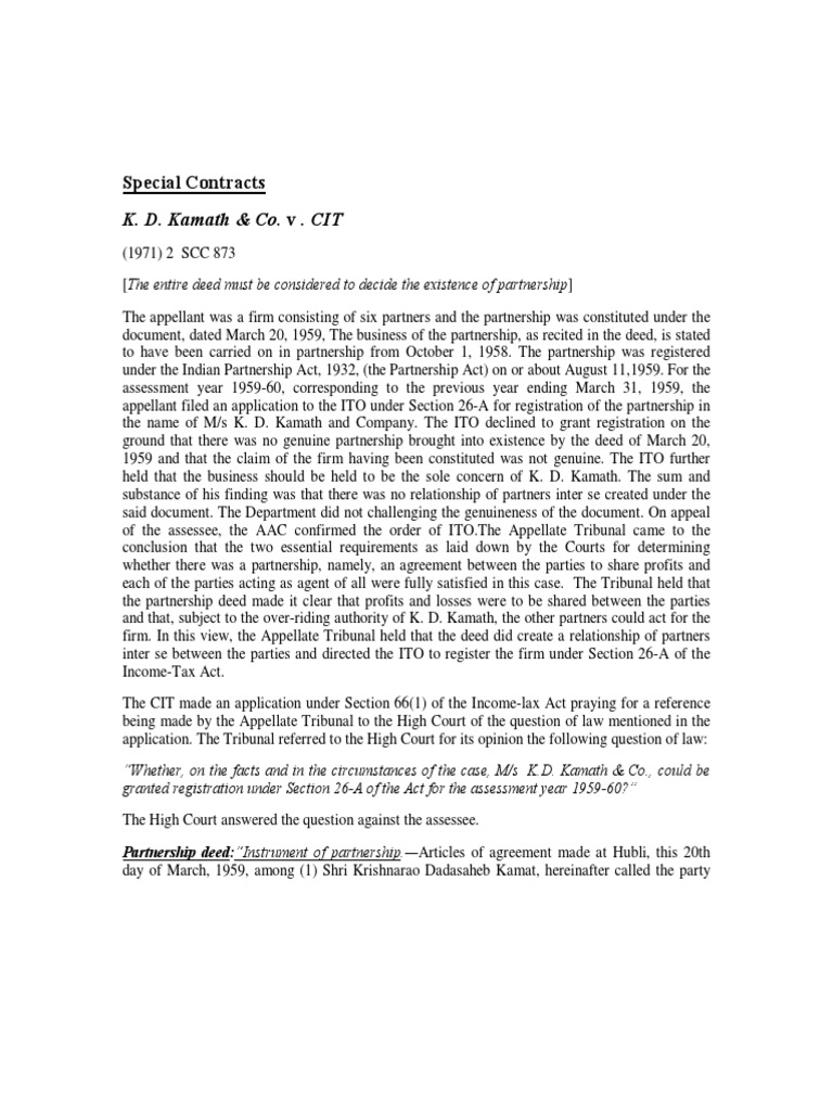 Special Contracts Case Mat | Download Free PDF | Partnership | Law Of ...