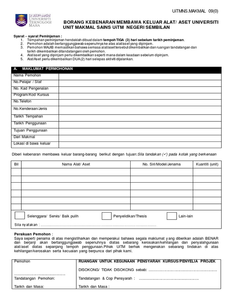 9.borang Kebenaran Membawa Keluar Alat - 22062015 PDF | PDF