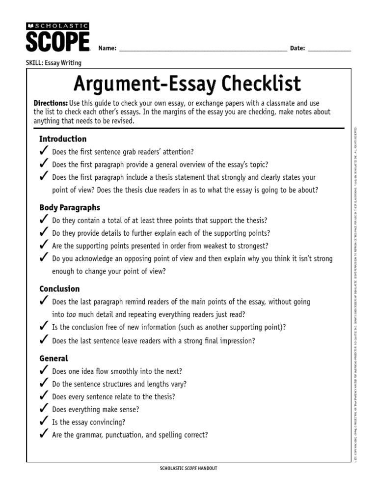 Argument Essay Checklist | PDF