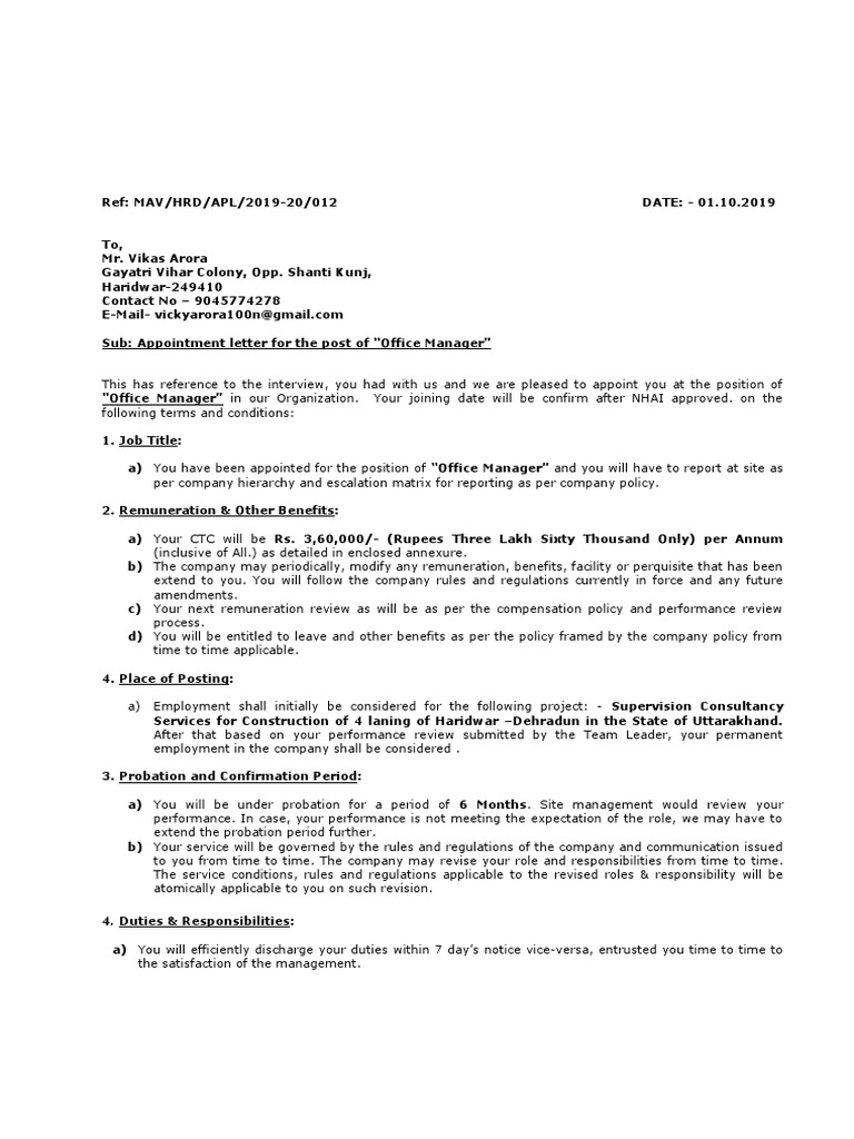 Appointment Letter - Mr. Vikas Arora | PDF | Confidentiality | Business