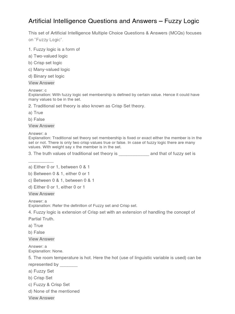 Artificial Intelligence Questions and Answers - Fuzzy Logic | PDF ...