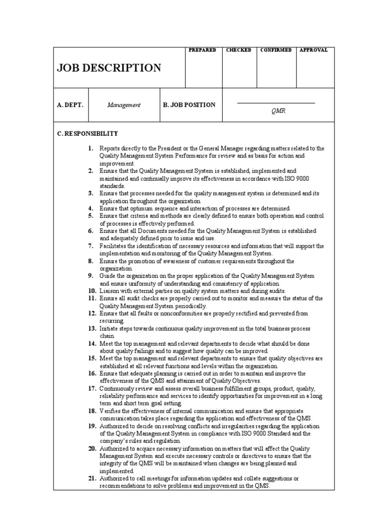 Sample Job Description QMR PDF | PDF | Quality Management System ...