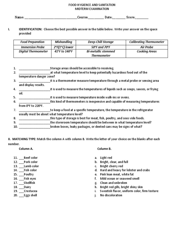 Food Hygiene and Sanitation Exam Guide | PDF | Thermometer | Food Safety