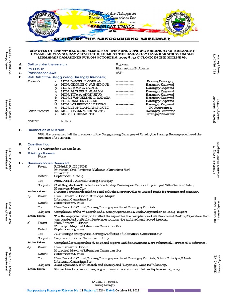 Sangguniang Barangay Minutes | PDF | Government | Public Sphere