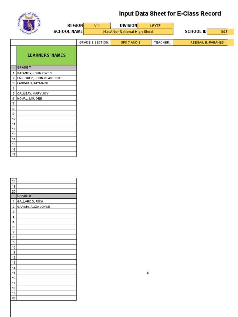 Input Data Sheet For E-Class Record: Region Division School Name School ...