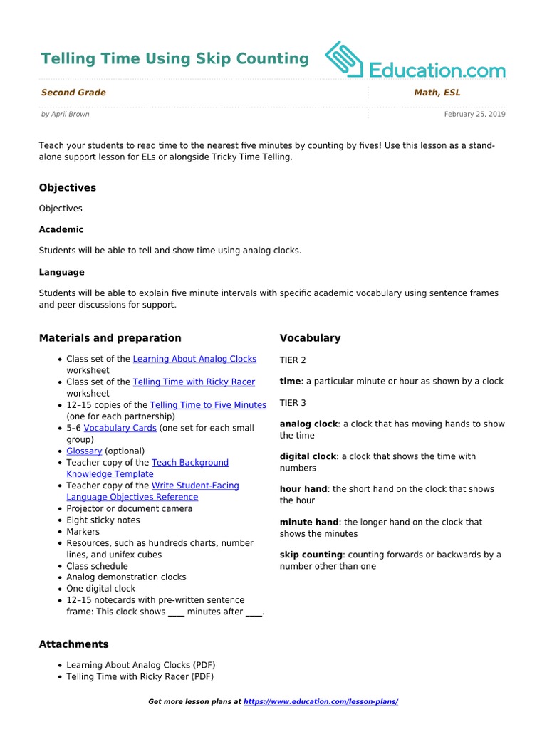 Telling Time Using Skip Counting: Objectives | PDF | Reading ...