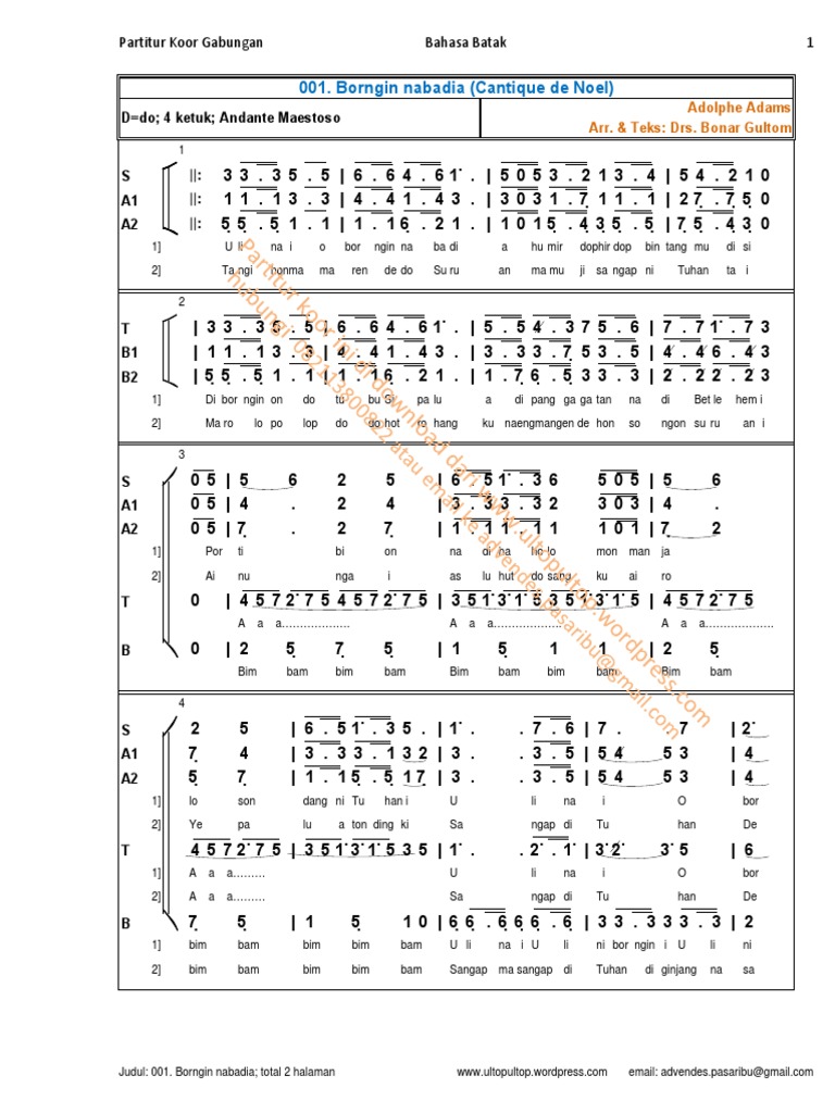 Borngin Nabadia (Cantique de Noel) : Partitur Koor Gabungan Bahasa Batak 1 | PDF