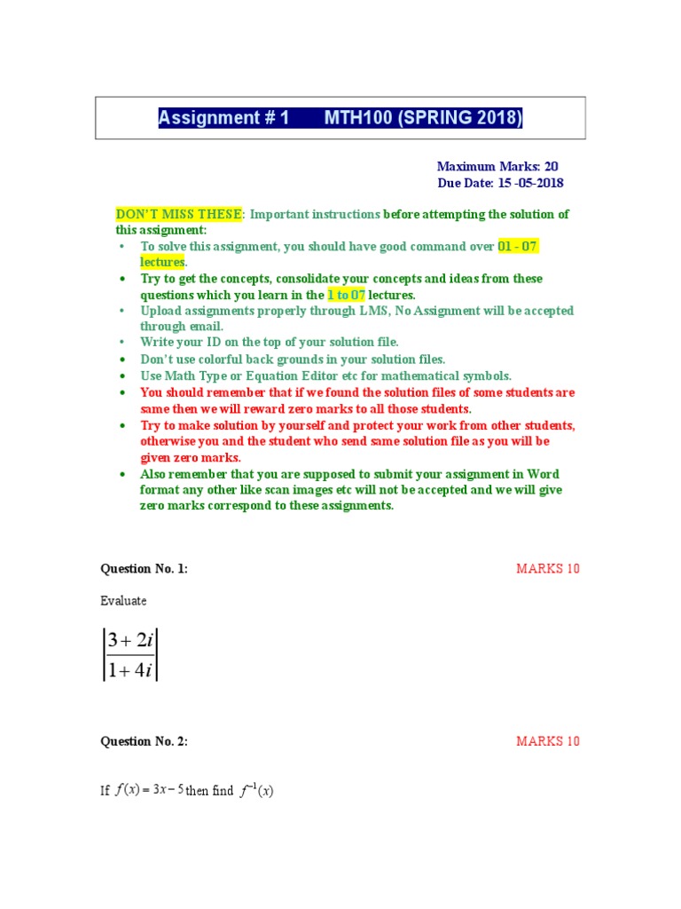 MTH100 Assignment 1 Spring 2018 Math Concepts | PDF