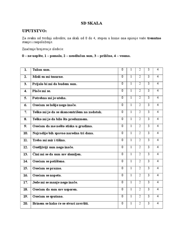 Skala Stanja Depresivnost D Skala | PDF