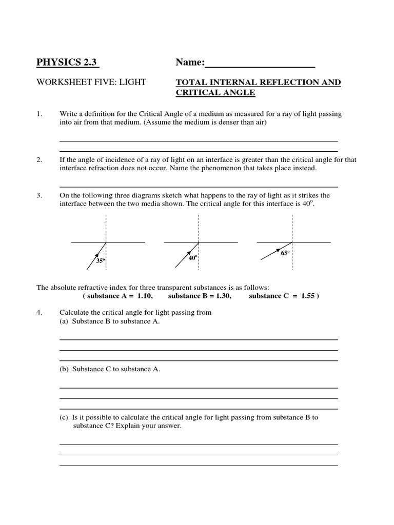 Physics Worksheet: Light & Reflection | PDF | Teaching Methods & Materials