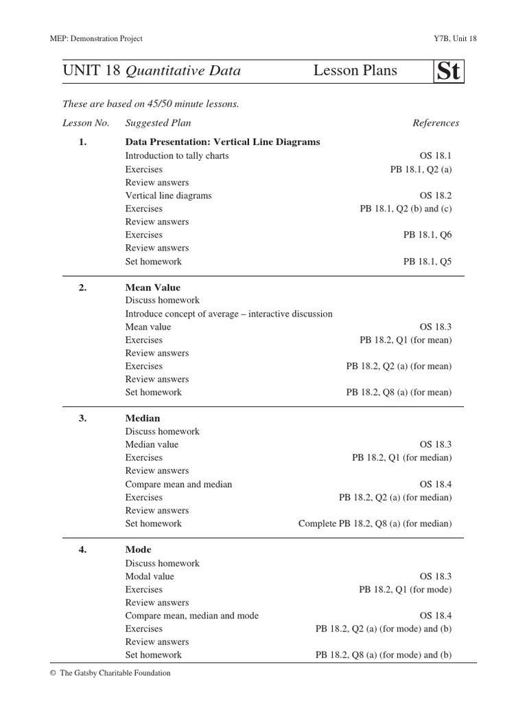 UNIT 18 Quantitative Data Lesson Plans: These Are Based On 45/50 Minute ...