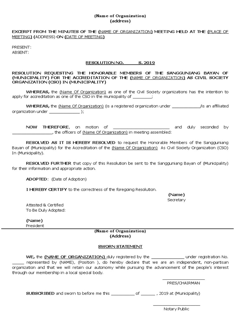 Board Resolution & Sworn Statement Sample For Cso | Social Institutions ...