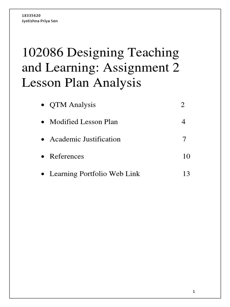 Designing Teaching and Learning: Assignment 2 Lesson Plan Analysis ...