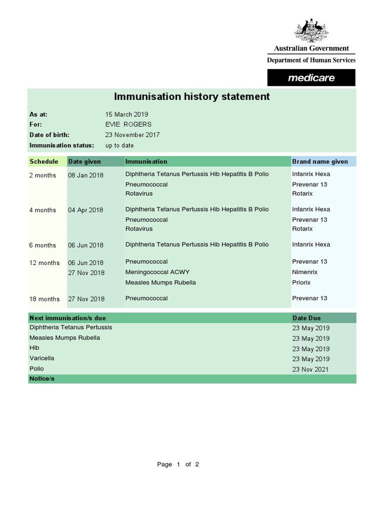 Immunisation History Statement | PDF | Vaccines | Children's Health