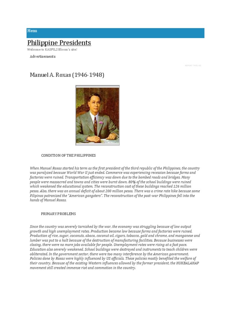 Philippine Presidents: Manuel A. Roxas (1946-1948) | PDF | Philippines ...