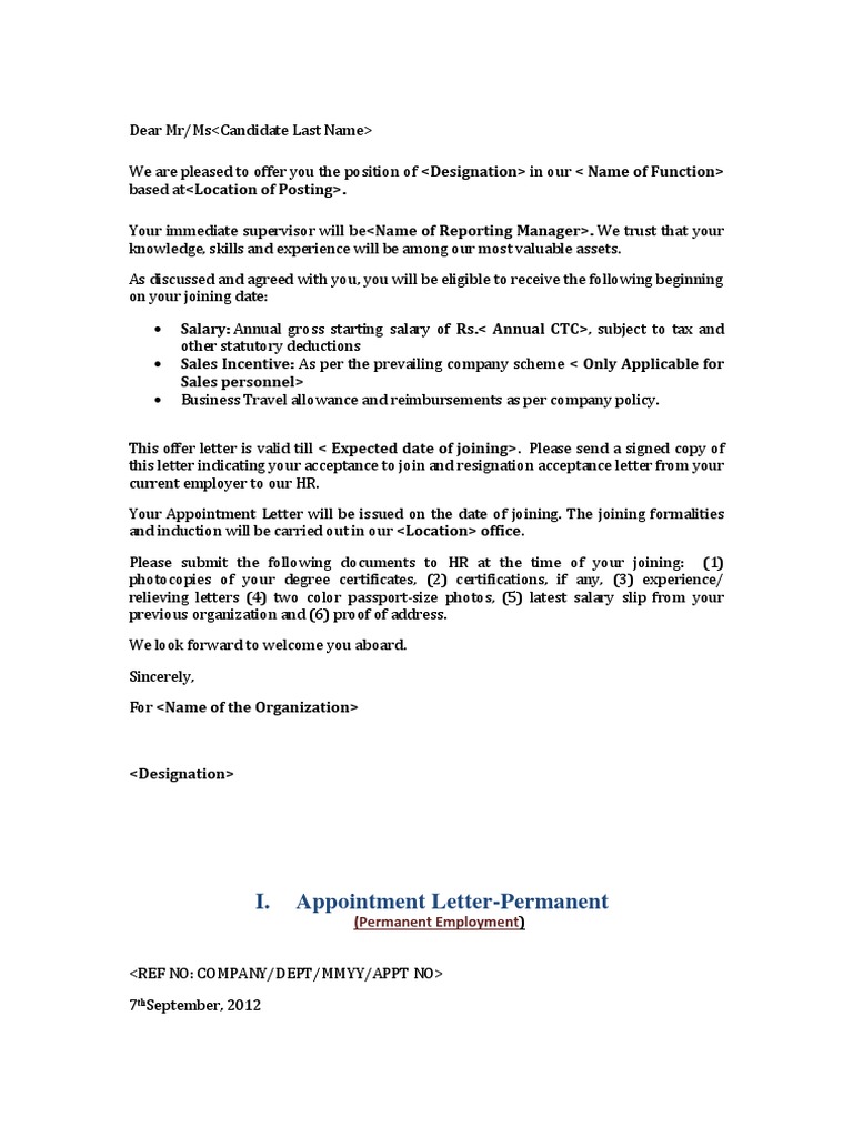 I. Appointment Letter-Permanent | PDF | Salary | Employment