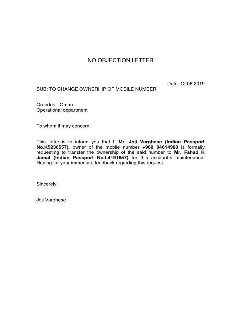 Noc To Change Mobile Number Ownership | PDF