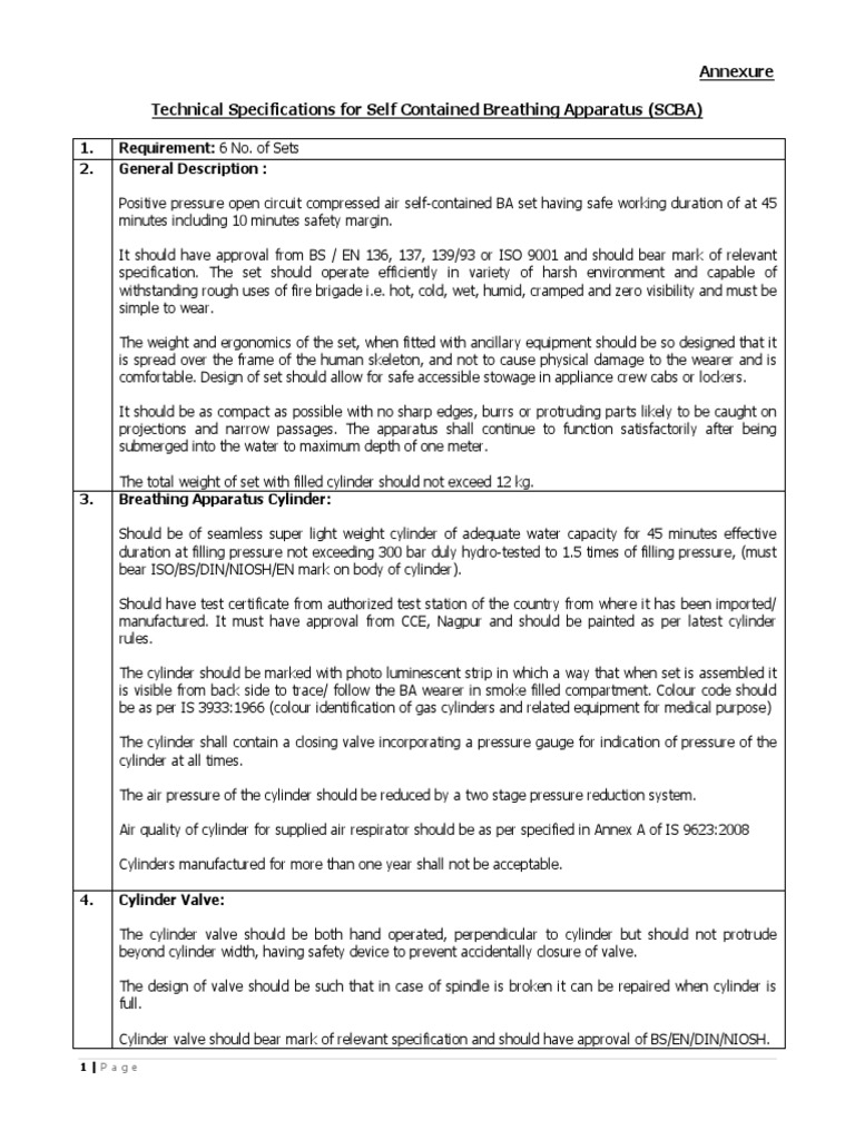 SCBA Technical Specifications | PDF | Valve | Nature