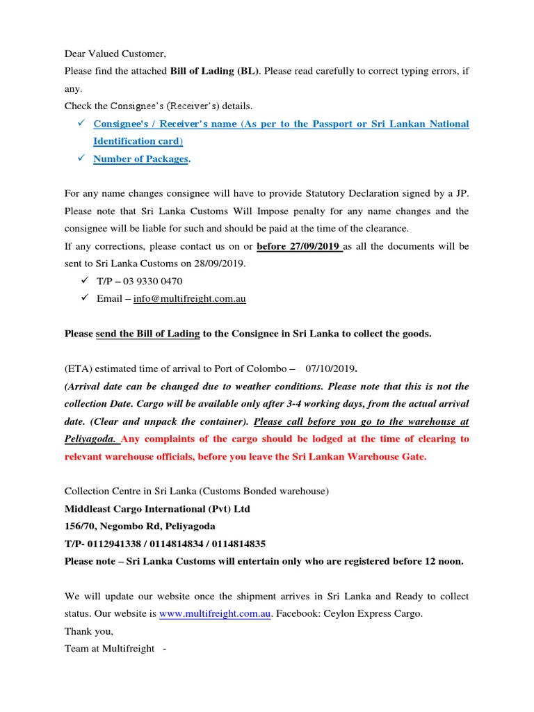 BL Accompany Letter With Email | PDF