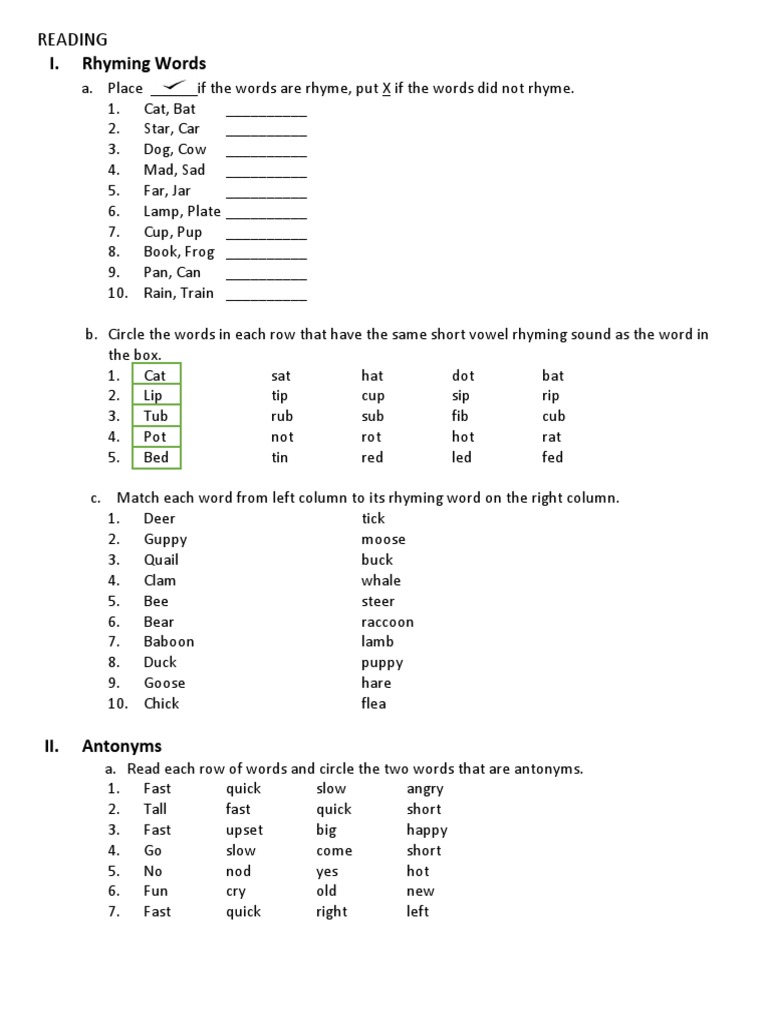 Rhyming and Antonym Words | PDF | Nature