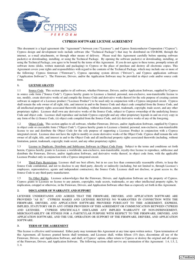 Cypress Software License Agreement | PDF | Source Code | Proprietary Software