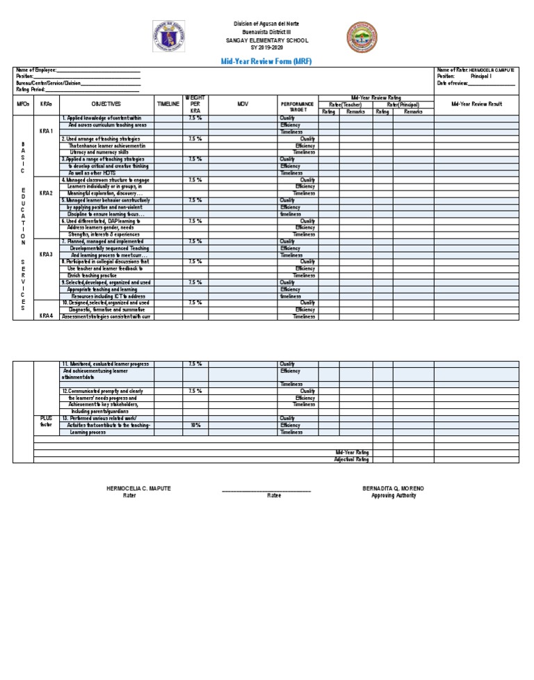 Mid-Year Review Form (MRF) : Sangay Elementary School SY 2019-2020 ...