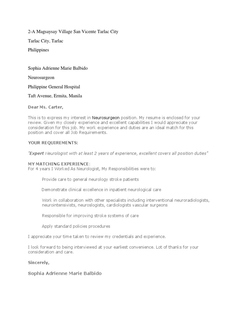 Application for Neurosurgeon Position Highlighting Relevant Experience ...