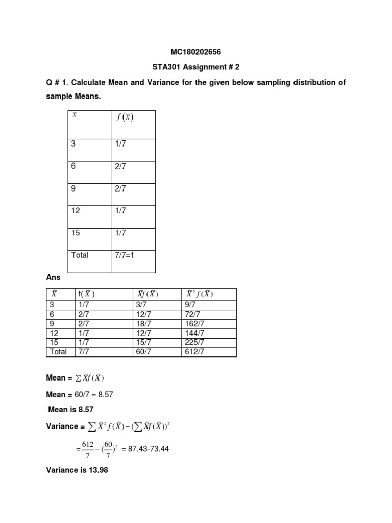 MC180202656 STA301 Assignment # 2 Q # 1. Calculate Mean and Variance ... MC180202656 STA301 Assignment # 2 Q # 1. Calculate Mean and Variance ...