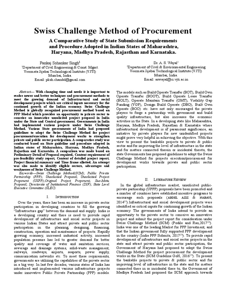Swiss Challenge Method PPP Infrastructure Study | PDF | Public–Private ...