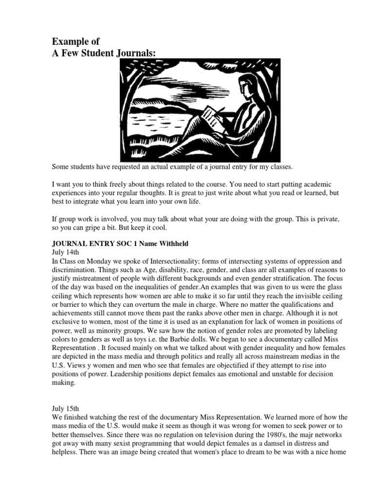 Example of A Few Student Journals:: JOURNAL ENTRY SOC 1 Name Withheld ...