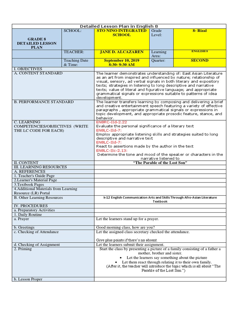 Grade 8 English Lesson Plan: Parable of the Lost Son | PDF | Lesson ...