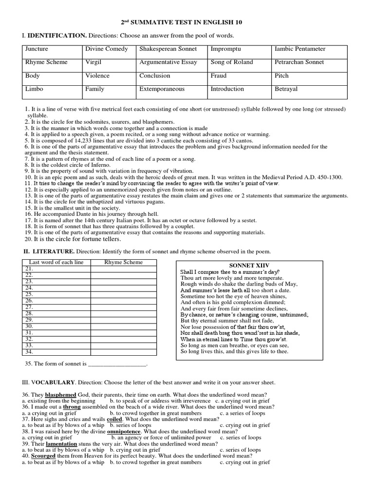 English 10 Summative Test Guide | PDF | Sonnets | Poetry