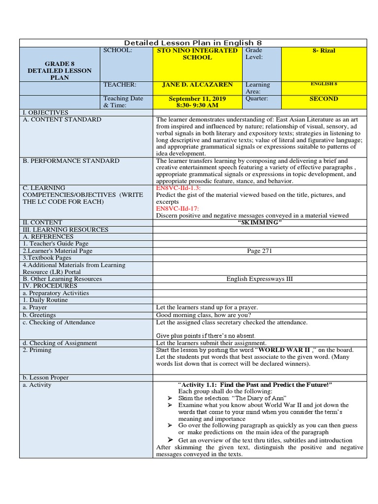 English 8 Detailed Lesson Plan | PDF | Speed Reading | Lesson Plan