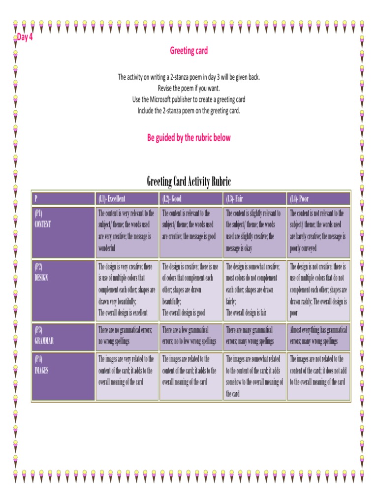 04 Greeting Card Activity Rubric | PDF | Linguistics | Cognitive Science
