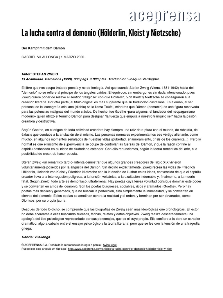 La Lucha Contra El Demonio H Lderlin Kleist y Niet | PDF | Demonios ...