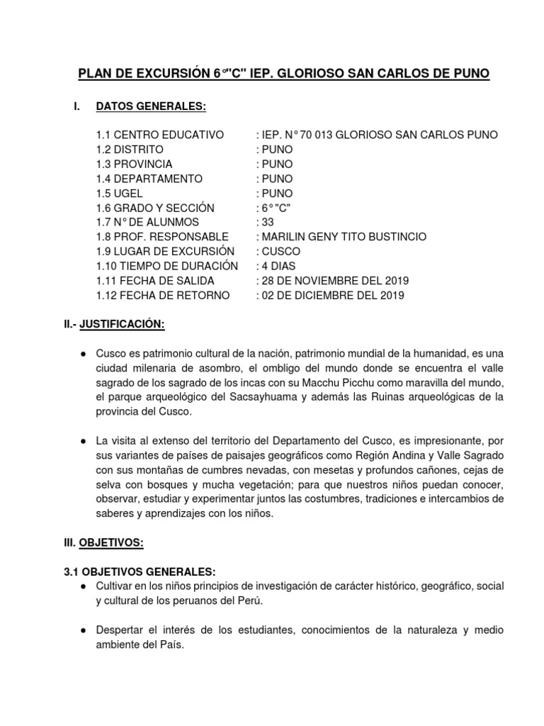 Plan de Excursión 6°-C - Iep GSCP | PDF | Perú | Educación avanzada