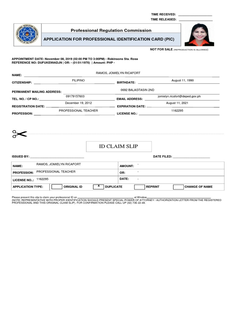 Professional Regulation Commission: Id Claim Slip | PDF | Identity ...