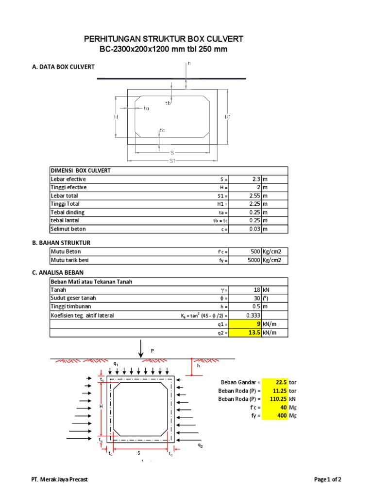 Calculation of the Structure of Box Culvert BC-2300x200x1200 mm with Wall Thickness of 250 mm | PDF
