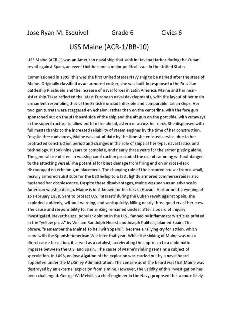 USS Maine (ACR-1/BB-10) : Jose Ryan M. Esquivel Grade 6 Civics 6 | PDF ...
