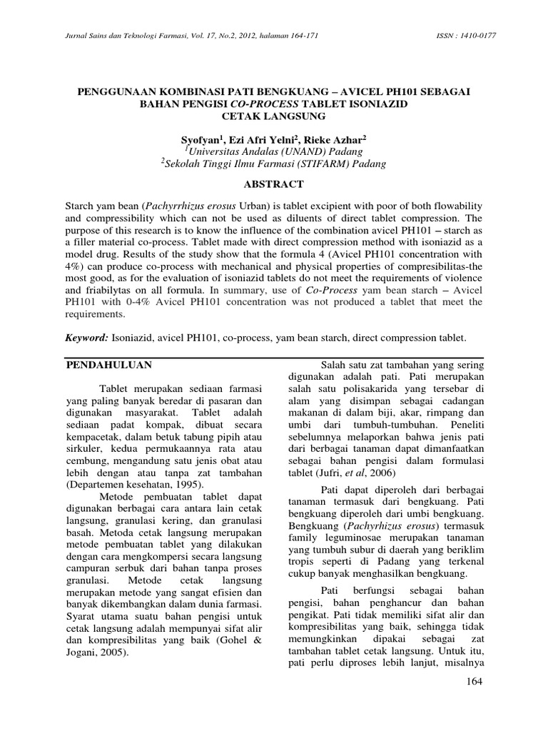 Kombinasi Pati Bengkoang Avicel Ph101 Sebagai Pengisi Cetak Langsung | PDF