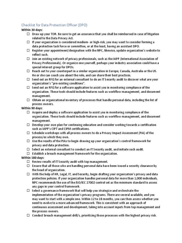 Checklist For Data Protection Officer (DPO) : Within 30 Days | Download ...