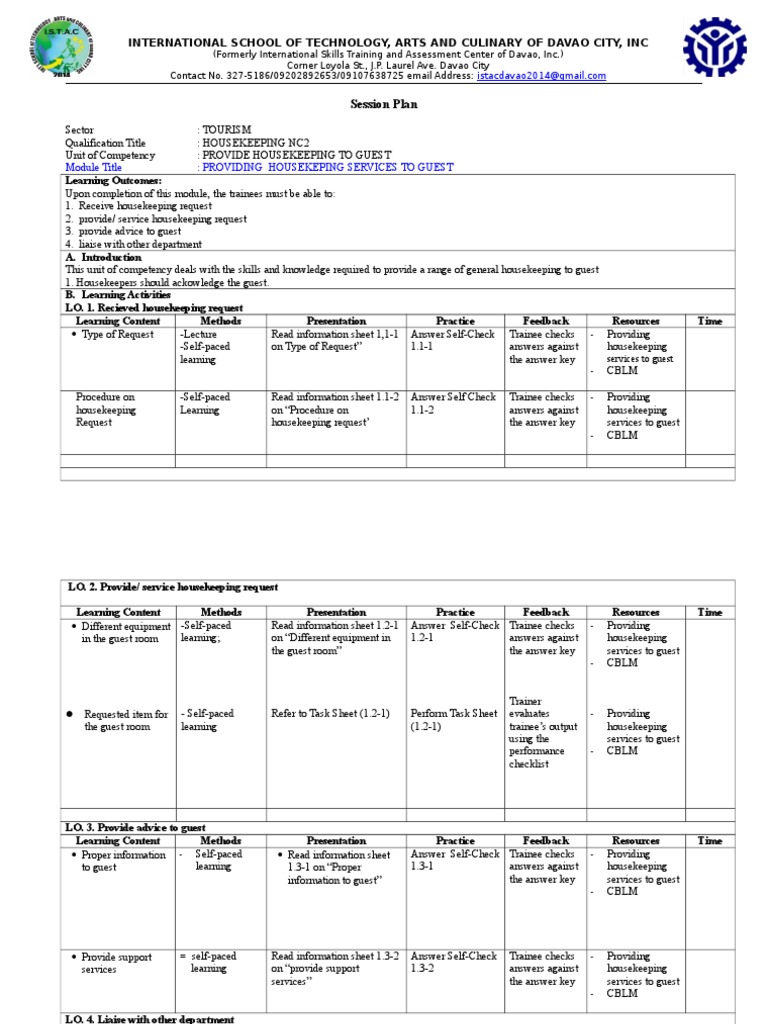 03 Sample Session Plan - Housekeeping | PDF | Teaching | Learning