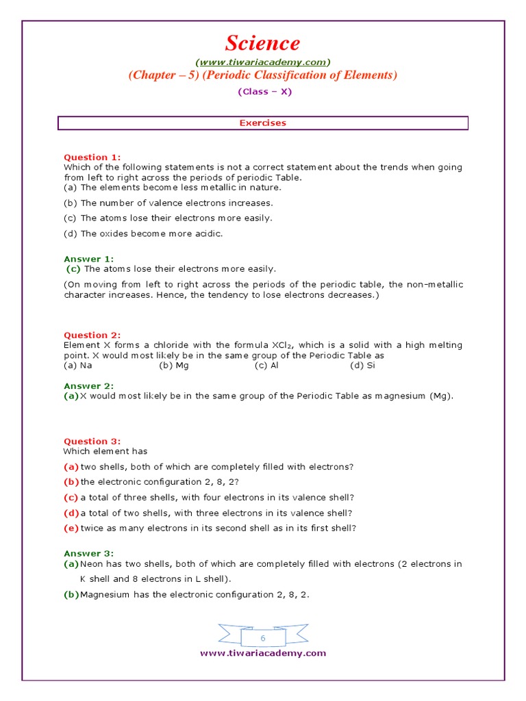 10 Science NcertSolutions Chapter 5 Exercises | PDF | Periodic Table | Ion
